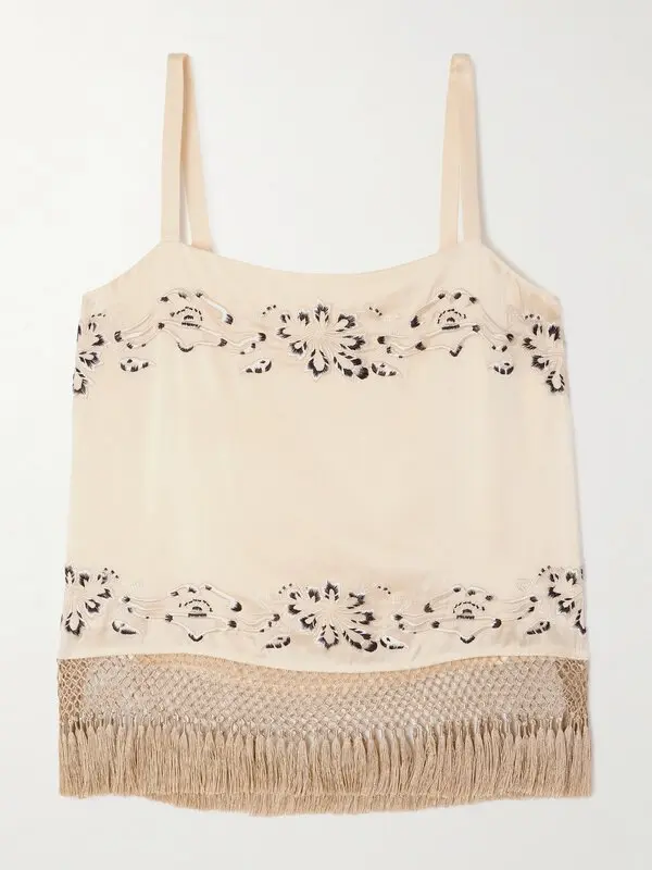 BODE Phantasm Fringed Embroidered Silk-satin Camisole - Neutrals