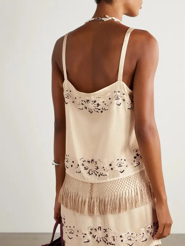 BODE Phantasm Fringed Embroidered Silk-satin Camisole - Neutrals