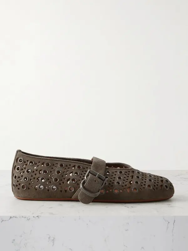 Alaïa Eyelet-embellished Perforated Suede Ballet Flats - Gray