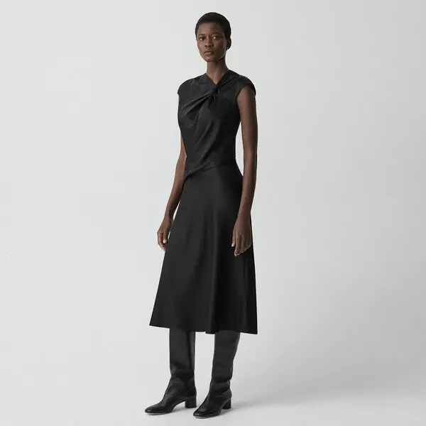 Theory Satin Twist Bodice Midi Dress - Black