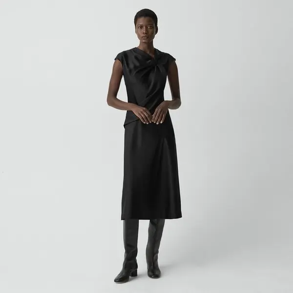 Theory Satin Twist Bodice Midi Dress - Black