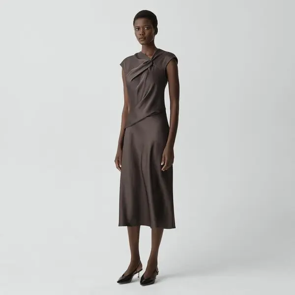 satin twist bodice maxi dress with blouson sleeves Raise A Toast Satin Long Balloon Sleeve Twist Waist Slit Maxi Dress   roschic