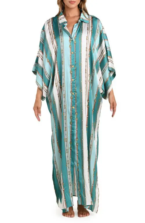 L'Agence Wrena Belt Stripe Satin Maxi Shirtdress - Green Multi