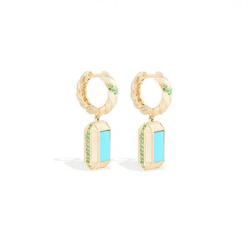 CAMPBELL + CHARLOTTE Spark Emerald Cut Drop Huggie Earrings - Turquoise & Emerald-gold