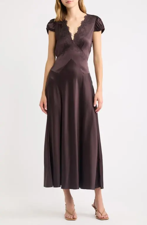 DÔEN Floral Satin Maxi Dress With Lace Detail - Equestrian Brown