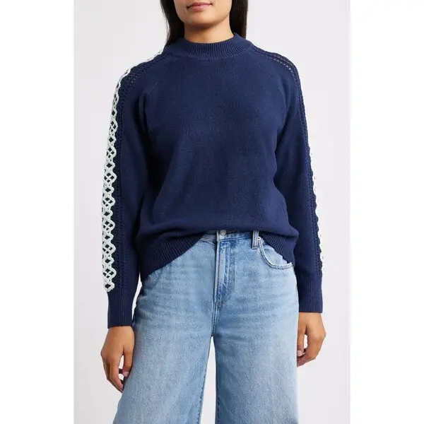 CITY BLUES Embroidered Sleeve Mock Neck Sweater
