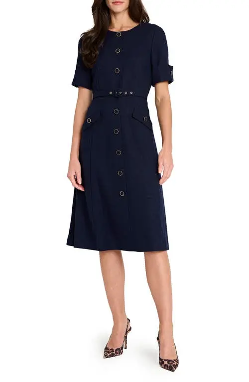 TAHARI ASL Belted Metallic Bouclé Dress