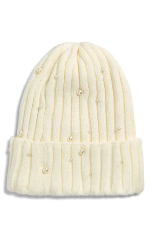 Tasha Faux Pearl Studded Beanie - White