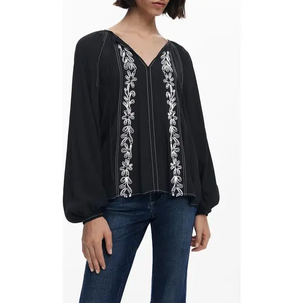Desigual Embroidered Tie Neck Blouse