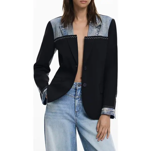Desigual Denim Trim Notched Lapel Blazer