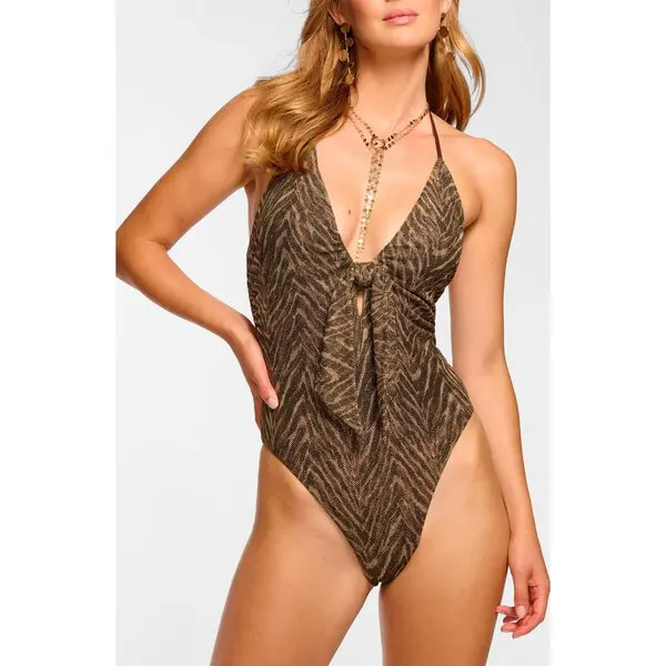 Ramy Brook Nilli Metallic Print Mesh One-piece Swimsuit - Beach Brown Zebra