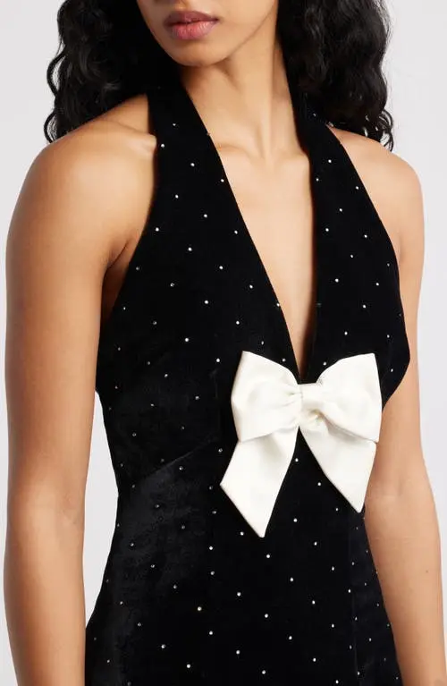 LoveShackFancy Kathy Bow & Rhinestone Halter Velvet Minidress