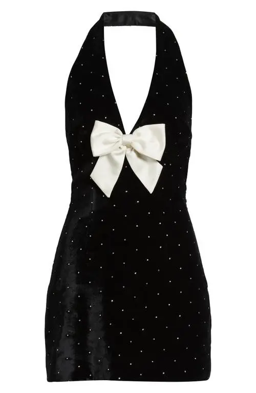 LoveShackFancy Kathy Bow & Rhinestone Halter Velvet Minidress