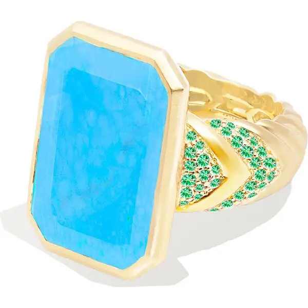 CAMPBELL + CHARLOTTE Spark Chevron Emerald Cut Cocktail Ring - Turquoise & Emerald-gold