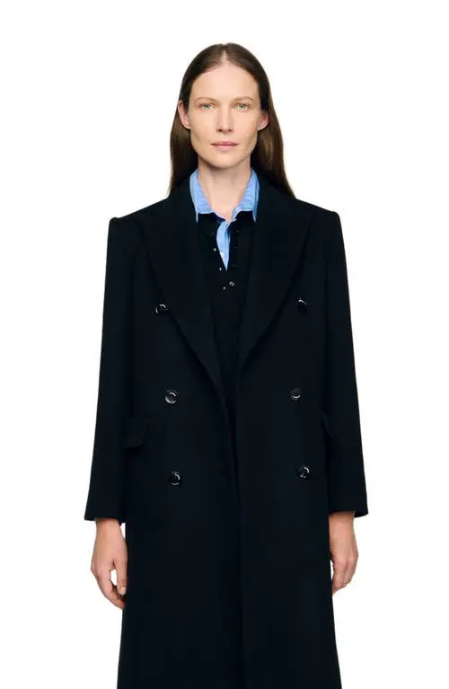 Sandro Long Wool Double-breasted Coat - Black