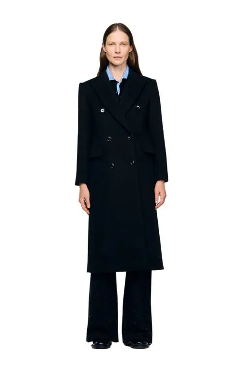 Sandro Long Wool Double-breasted Coat - Black