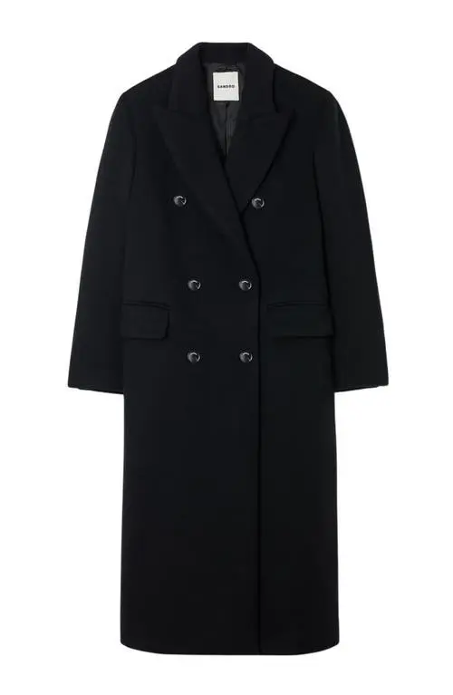Sandro Long Wool Double-breasted Coat - Black