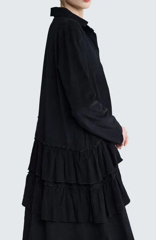 LUUKAA Isolde Ruffled Cord Velvet Shirt Dress