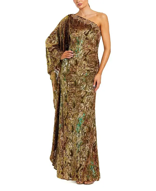 Mac Duggal One-shoulder Metallic Burnout Velvet Evening Gown
