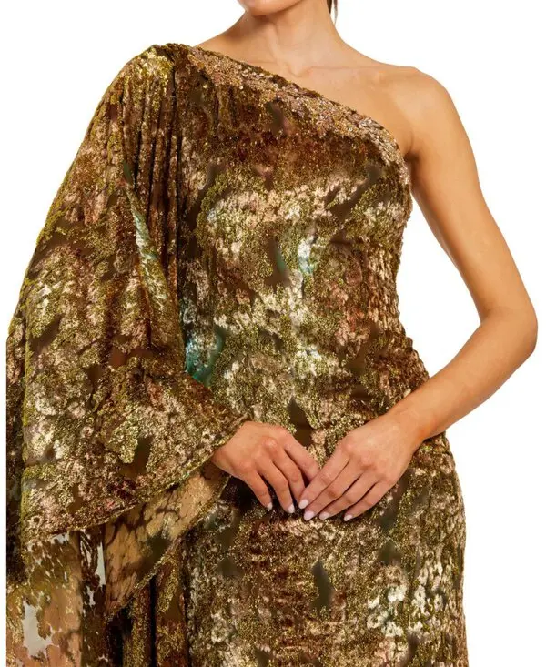 Mac Duggal One-shoulder Metallic Burnout Velvet Evening Gown