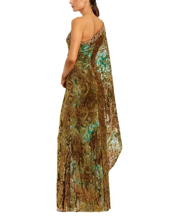 Mac Duggal One-shoulder Metallic Burnout Velvet Evening Gown