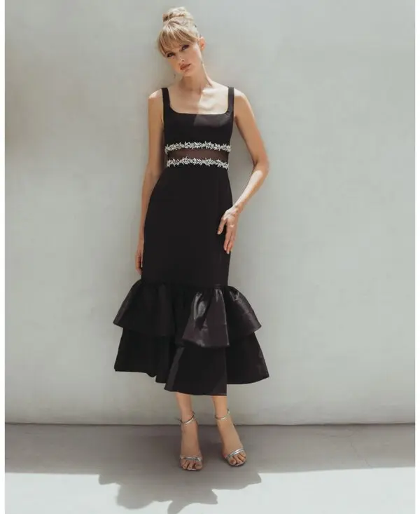 frill hem midi dress black CurveWow Frill Hem Midi Dress Black  Curvewow