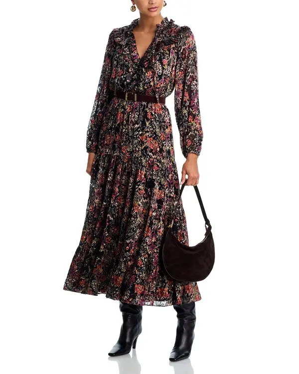 Aqua Floral Satin Burnout Long Sleeve Maxi Dress