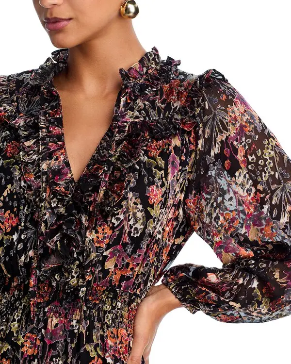 Aqua Floral Satin Burnout Long Sleeve Maxi Dress