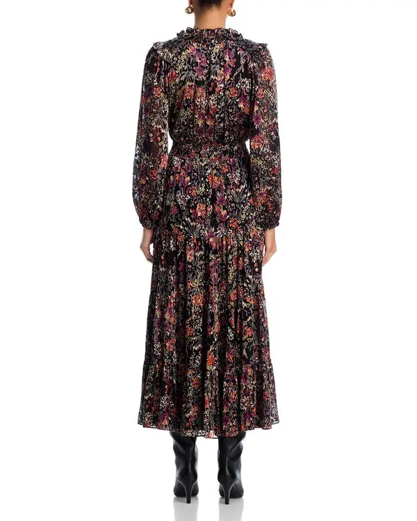 Aqua Floral Satin Burnout Long Sleeve Maxi Dress