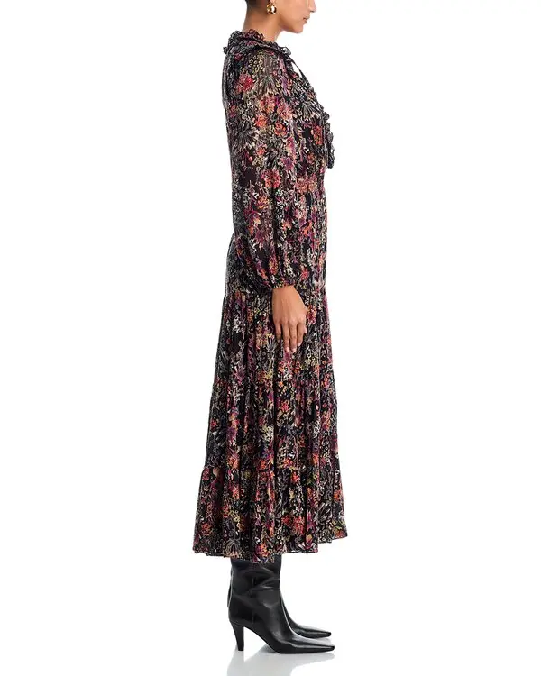 Aqua Floral Satin Burnout Long Sleeve Maxi Dress