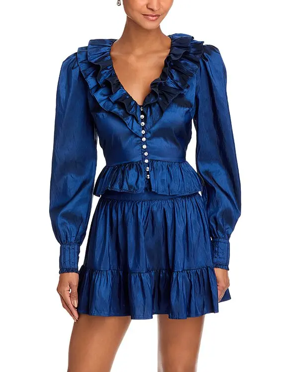 Aqua Crinkle Ruffle Collar Long Sleeve Blouse Exclusive - Navy