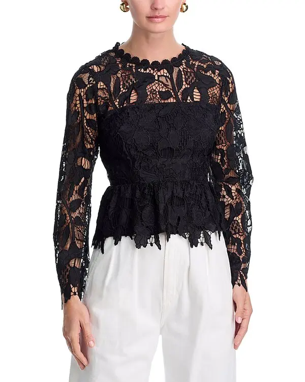 Aqua Floral Lace Long Sleeve Top - Black