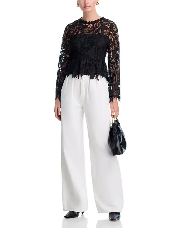 Aqua Floral Lace Long Sleeve Top - Black