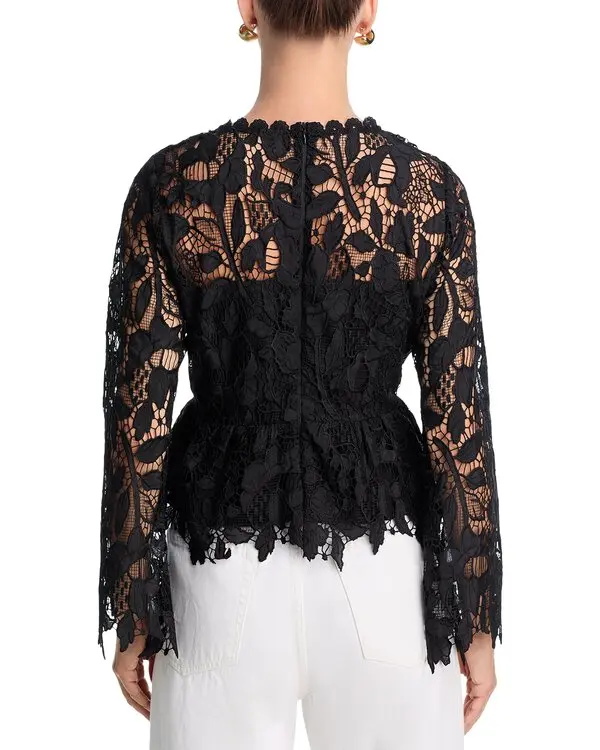Aqua Floral Lace Long Sleeve Top - Black