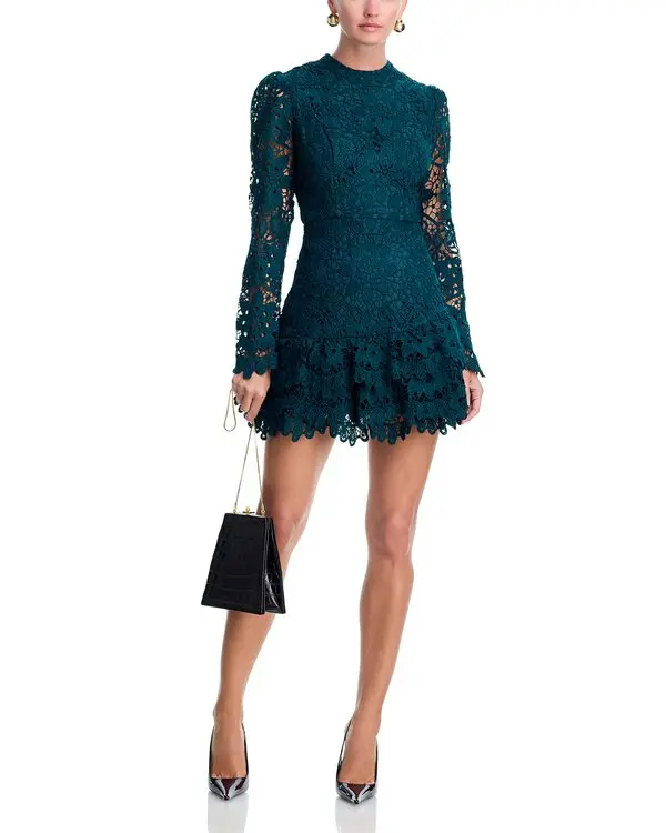 fitted lace wedding dress Jadee Long Sleeve Mini Dress Green Burnout main image 0