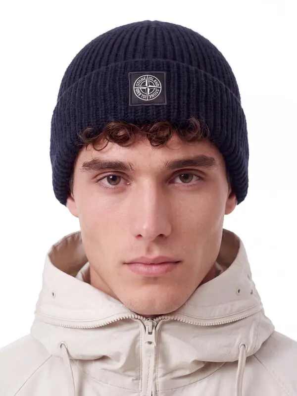 Stone Island Virgin Wool Logo Beanie - Blue