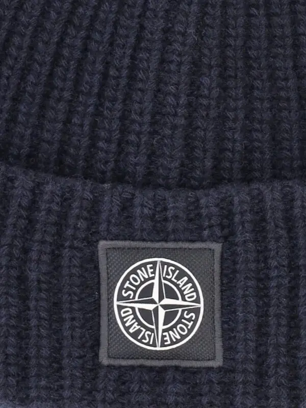 Stone Island Virgin Wool Logo Beanie - Blue
