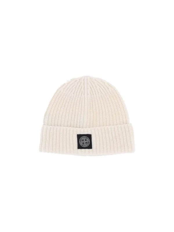 Stone Island Virgin Wool Logo Beanie - White