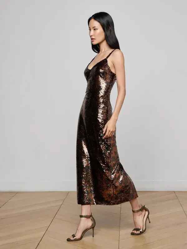 L'Agence Noella Sequin Leopard Print Midi Dress