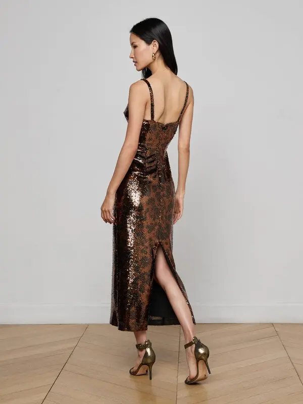 L'Agence Noella Sequin Leopard Print Midi Dress