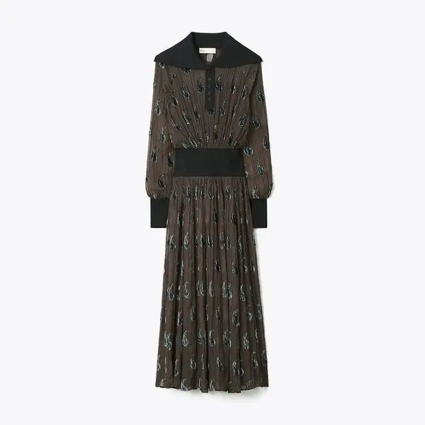 Tory Burch Ribbed Waist Paisley Devoré Dress - Brown Paisley Shadow