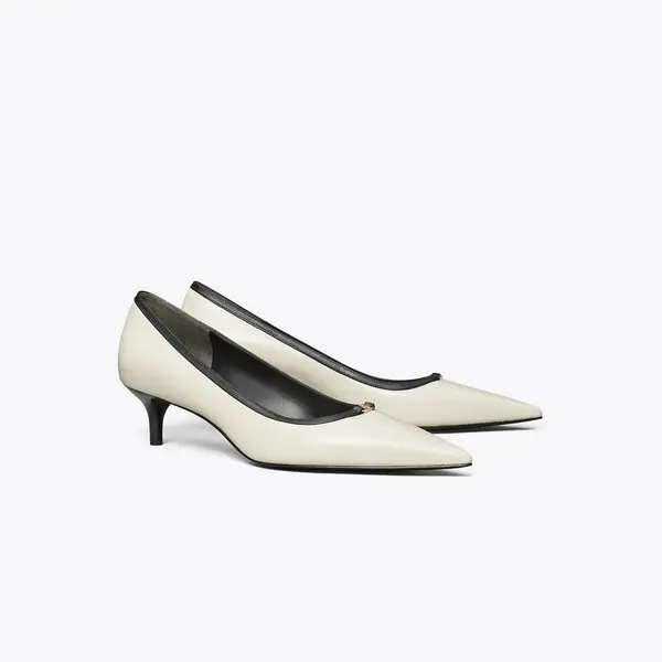 Tory Burch Double T Buckle Kitten Heel Pumps - Light Cream/perfect Black