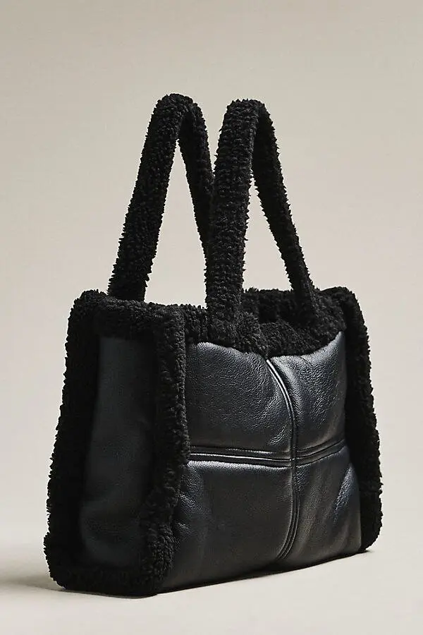 LAMARQUE Zoey Sherpa Fleece Leather Tote - Black