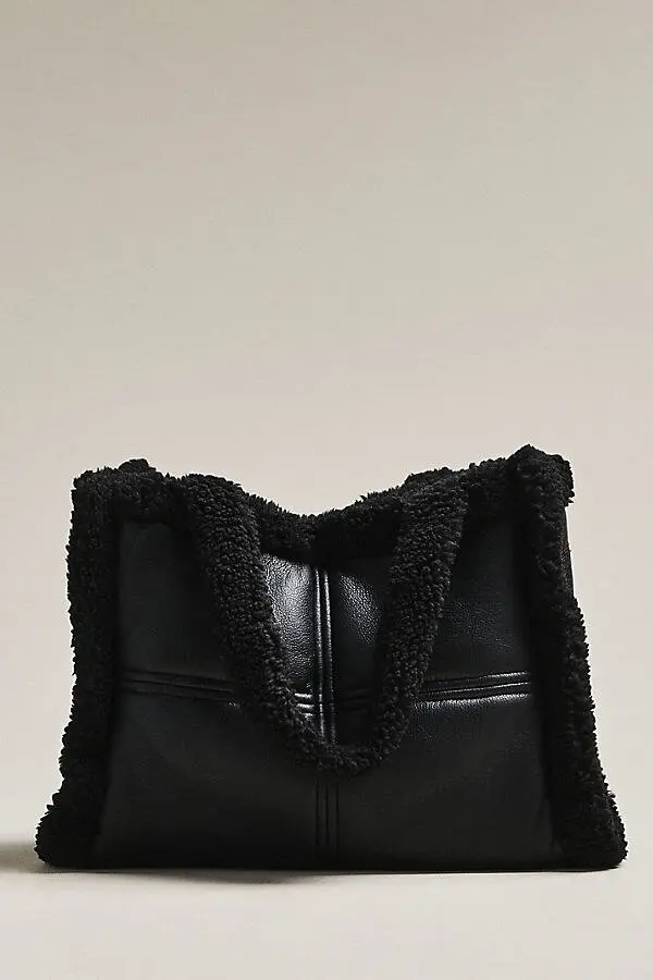 LAMARQUE Zoey Sherpa Fleece Leather Tote - Black