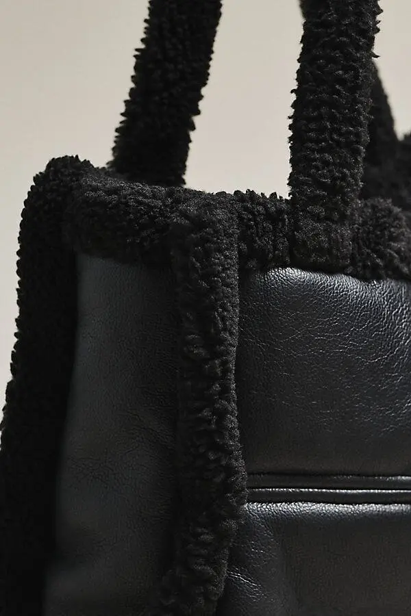 LAMARQUE Zoey Sherpa Fleece Leather Tote - Black