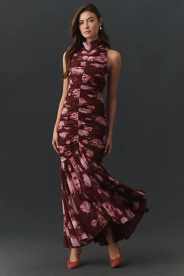 Bhldn Mesh Ruched Maxi Dress - Pink Floral