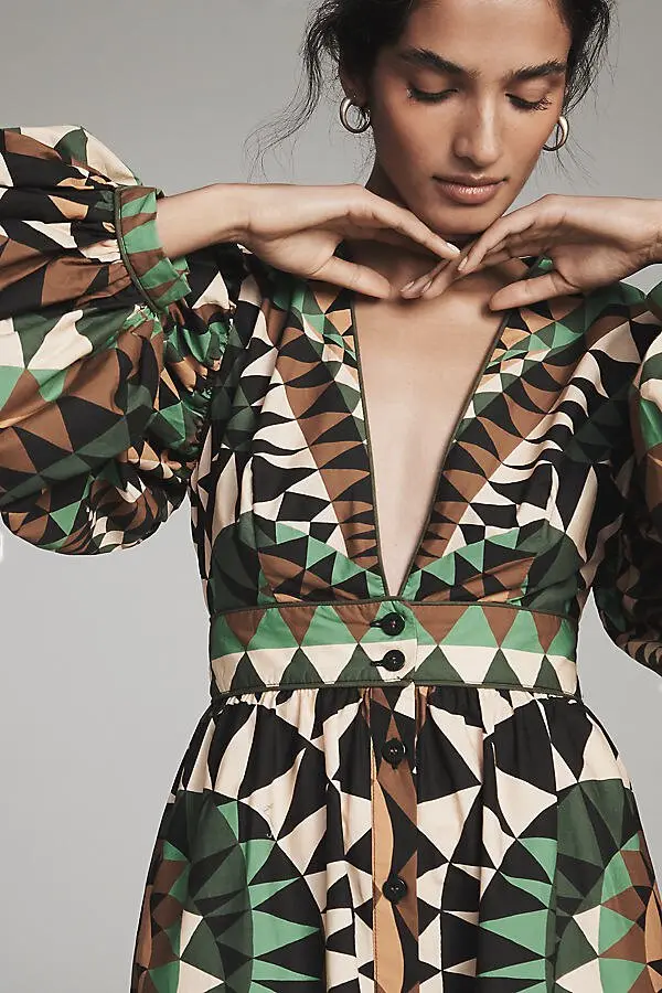Deco Long-sleeve Mini Dress - Green Pattern