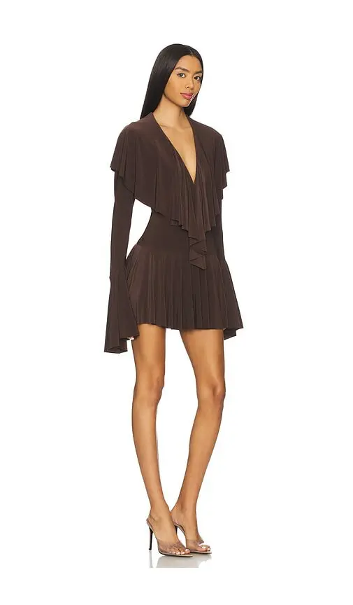 Norma Kamali Long Sleeve Deep V Ruffle Mini Dress - Chocolate