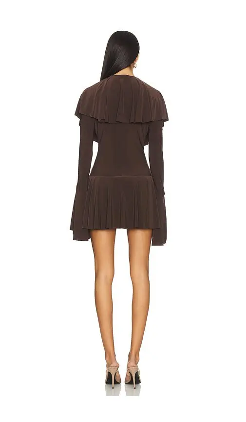 Norma Kamali Long Sleeve Deep V Ruffle Mini Dress - Chocolate