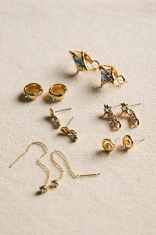 Free People Baez Gold Plated Earring Set - Gold/aquamarine